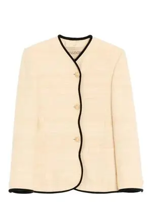 Valentino Garavani Silk Linen Canvas Contrasting Velvet Trim Blazer - Cream