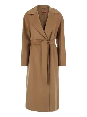Max Mara Long Belted Wool And Cashmere Robe Coat With Classic Collar - Brown