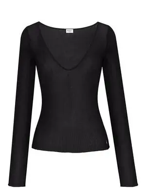 Saint Laurent Ribbed Silk V-neck Cassandre Top - Black