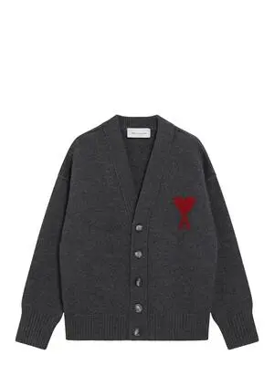 AMI Paris De Coeur Merino Wool Cardigan - Gray