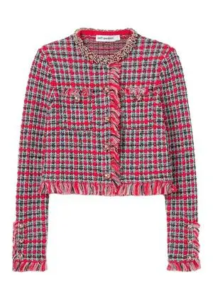 SELF-PORTRAIT Check Frayed Knit Jacket - Multicolor