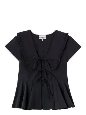 GANNI Organic Cotton Ruffled Collar Peplum Top - Multicolor