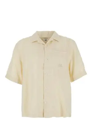 C.P. COMPANY Beige Shirt With Logo Print On The Front In Linen - Multicolor