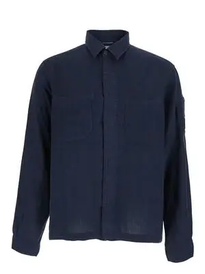 C.P. COMPANY C.P. Company Men Blue Shirt With Classic Collar And Logo Plate On The Sleeve In Linen Man Multicolor