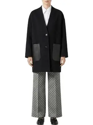 Gucci Wool Coat With Leather Patch Pockets - Black