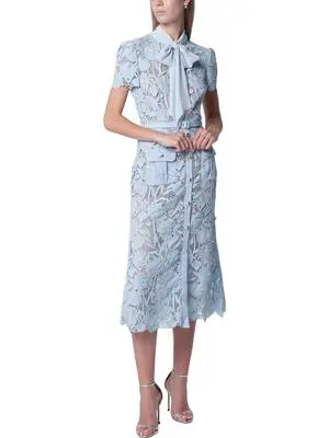 SELF-PORTRAIT Tie-neck Lace Midi Dress - Blue