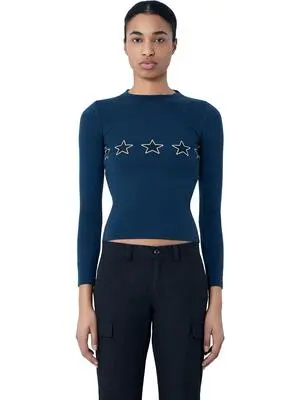 Balenciaga Star Embroidered Ribbed Top - Blue