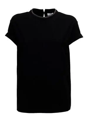 Brunello Cucinelli Woman's Cotton T-shirt With Monile Crew Neck - Black