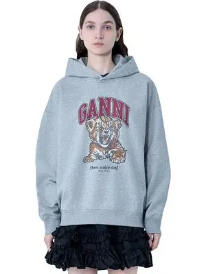 GANNI GANNI Beaded Baby Tiger Print Cotton Hoodie Gray