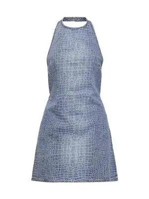SELF-PORTRAIT Blue Rhinestone Croc-effect Denim Mini Dress - Multicolor