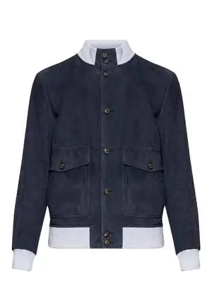 Eleventy Leather Jacket With Pocket And Buttons - Blue