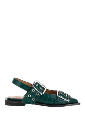 GANNI Leather Double Buckle Pointed Ballet Shoes - Multicolor