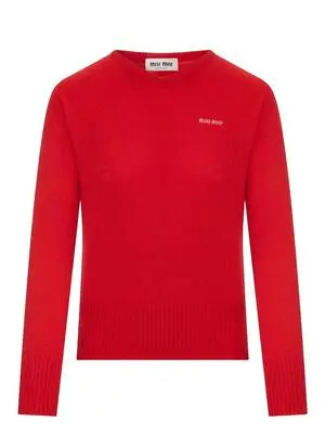 Miu Miu Cashmere V-Neck Sweater With Logo Red