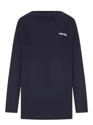Miu Miu Oversized Ribbed Knit Sweater With Logo - Blue