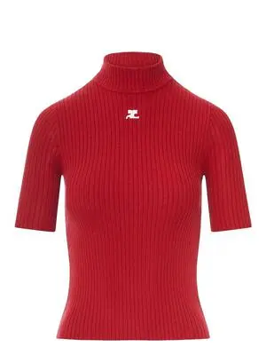 COURREGES Short Sleeves Rib Knit Sweater - Red