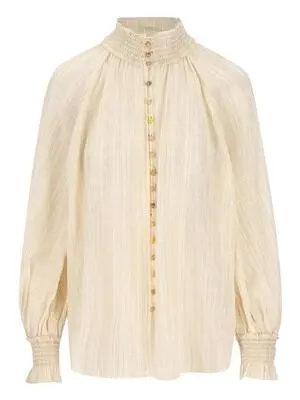 Zimmermann ZIMMERMANN Metallic Stripe High Neck Long Sleeve Blouse Cream