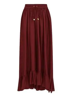 Zimmermann Silk Ruffled Drawstring Maxi Skirt - Red