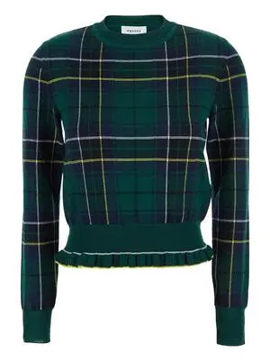 ALEXANDER MCQUEEN Alexander Mcqueen Women Green Crew Neck Sweater With Tartan Pattern And Fringed Hem In Wool Woman
