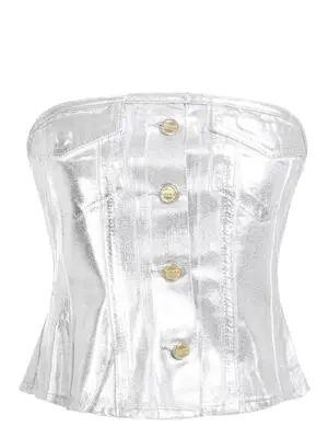 GANNI Foil Corsage Denim Top - Silver