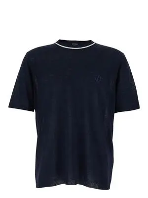 Giorgio Armani Blue Crew Neck T-shirt With Tone-on-tone Logo On The Front In Linen And Silk Blend For - Multicolor