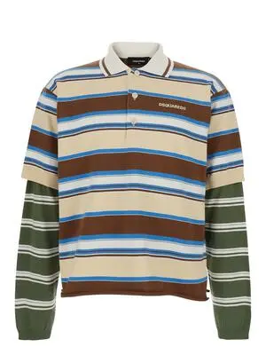 Dsquared2 Polo Shirt With Logo Lettering On The Front And All-over Striped Print In Cotton For - Multicolor