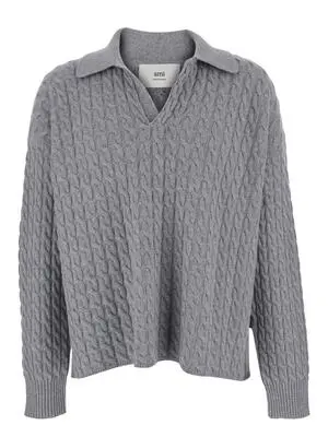 AMI Paris Grey Polo Shirt With Woven Design In Wool - Multicolor