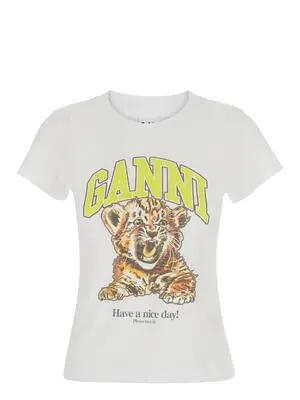 GANNI Ganni Women White Round Neck T-Shirt With Maxi Print On The Front In Cotton For Women Multicolor
