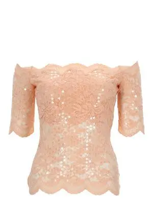 Rabanne Sequined Lace Off The Shoulder Top - Pink