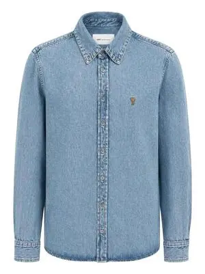 AMI Paris Light Denim Button-down Shirt With De Coeur - Blue