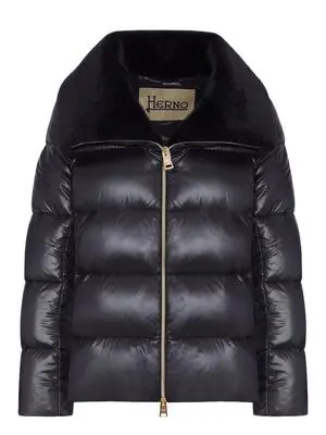 Herno Glossy Finish Down Jacket With Fur Collar - Black