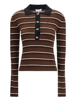 GANNI Striped Merino Polo Shirt - Brown