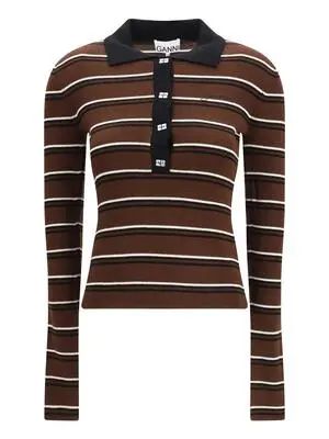 GANNI Striped Merino Polo Shirt - Brown