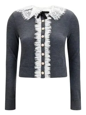 SELF-PORTRAIT SELF-PORTRAIT Knit Cardigan With Lace Collar Gray