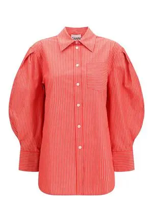 GANNI Striped Cotton Shirt With Balloon Sleeves - Red
