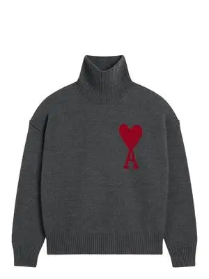 AMI Paris De Coeur Sweater In Grey Melange Merino Wool Knit - Gray