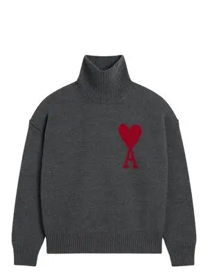 AMI Paris De Coeur Merino Wool Knit Sweater - Gray