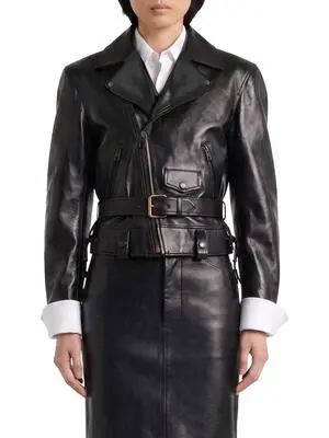Saint Laurent Slim Fit Belted Calfskin Biker Jacket - Brown
