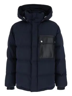 Bottega Veneta Bottega Veneta Men Blue Hooded Down Jacket With Intreccio Motif Leather Patches  In Cotton Blend Man Multicolor