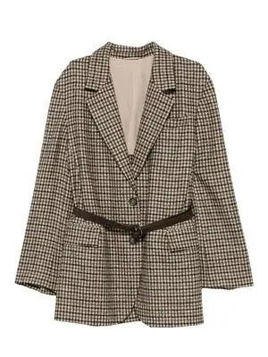 Brunello Cucinelli Check Pattern Belted Blazer - Cream