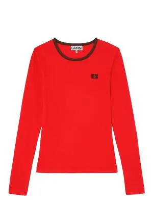 GANNI Long Sleeve Crew Neck Top - Red
