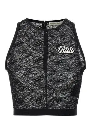 Alessandra Rich Rhinestone Lace Crop Top - Black