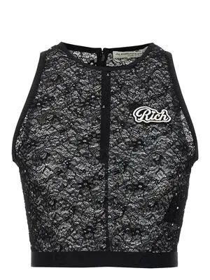 Alessandra Rich Rhinestone Lace Crop Top - Black