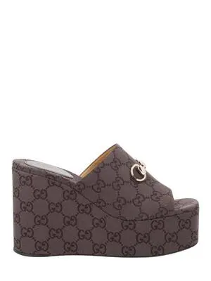 Gucci Fabric Wedge Sandal Gg - Brown