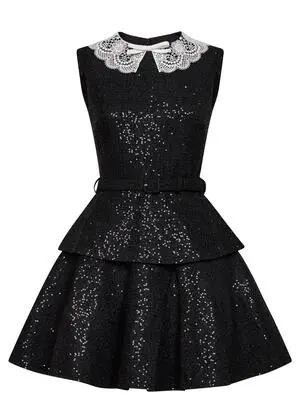 SELF-PORTRAIT Sequin Bouclé Belted Peplum Mini Dress - Multicolor