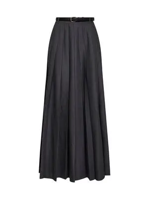 SELF-PORTRAIT Grey Wool Blend Belted Pleated Maxi Skirt - Multicolor