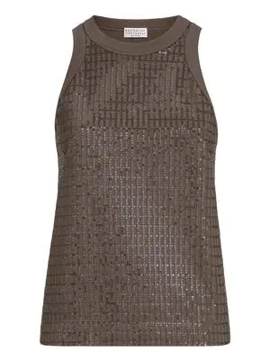 Brunello Cucinelli Check Embroidered Crew Neck Sleeveless Tank Top - Brown