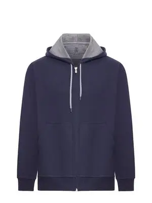 Brunello Cucinelli Double Cotton, Cashmere And Silk Sweatshirt Topwear With Zip And Hood - Blue
