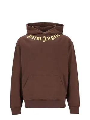 Palm Angels Neck Logo Cotton Hoodie - Brown