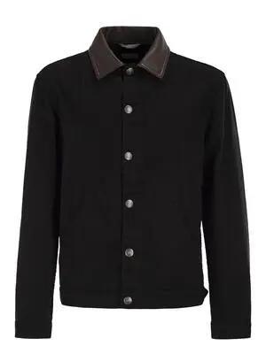 Brunello Cucinelli BRUNELLO CUCINELLI Lightweight Garment-Dyed Cotton Denim Jacket With Leather Collar Black