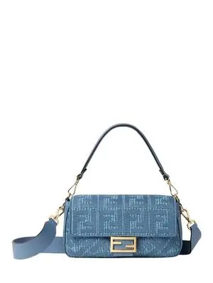 Fendi Baguette Bag In Woven Raffia With Blue Ff Embroidery - Multicolor